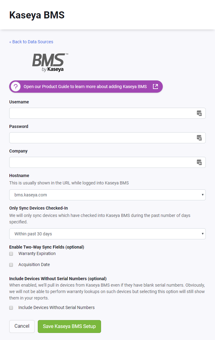 Kaseya BMS integration instructions – Lifecycle Manager
